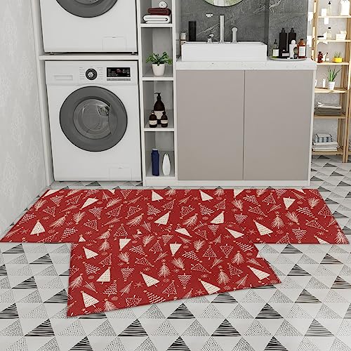Libaoge Christmas Kitchen Rugs and Mats Set of 1 Xmas Tree Red Background Kitchen Sink Mat,Non-Slip Area Runner Rug,Washable Floor Mat for Home Dining Room Office 20"x63"