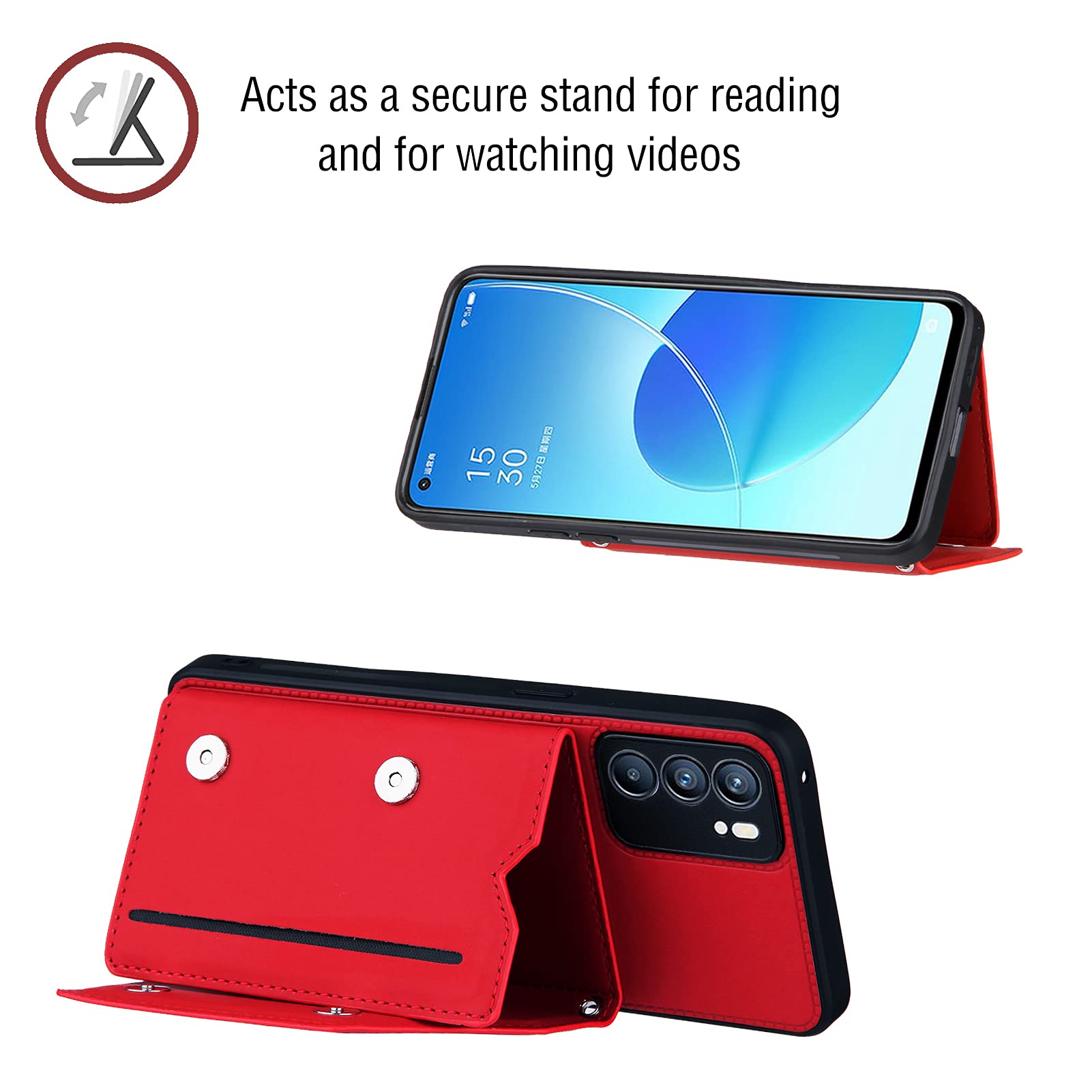 Compatible with Oppo Reno6 Pro 5G Cover Case,PU Leather Kickstand with Card Slot,Compatible with Oppo Reno 6 Pro 5G Case 2 in 1 Phone Case Cover Red