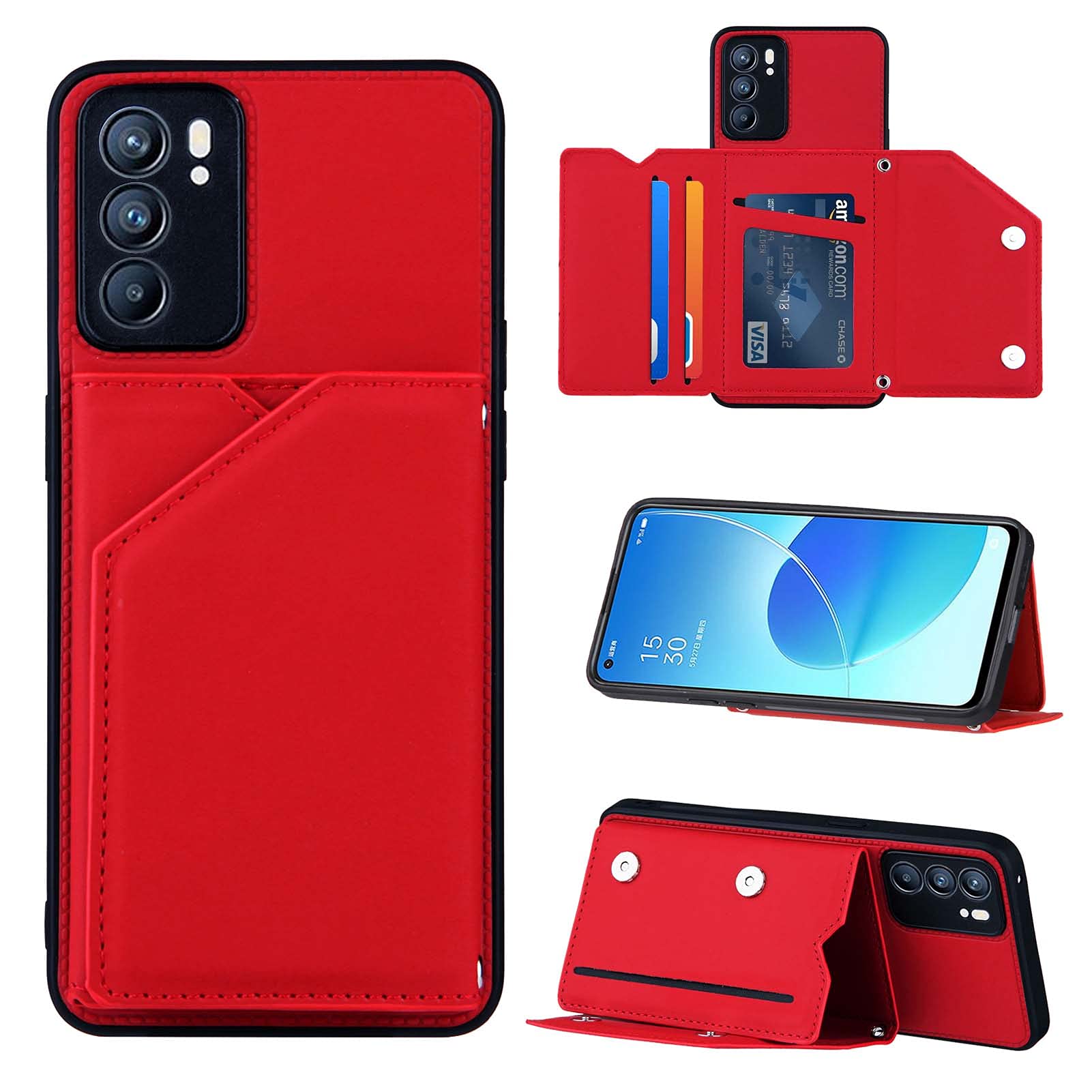 Compatible with Oppo Reno6 Pro 5G Cover Case,PU Leather Kickstand with Card Slot,Compatible with Oppo Reno 6 Pro 5G Case 2 in 1 Phone Case Cover Red