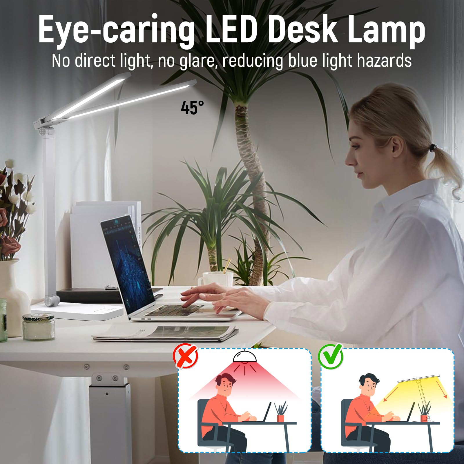Foldable Desk Lamp for Home Office - Bright Led Desk Light for College Dorm, Dual Swing Arm Dorm Study Desk Lamp, Eye-Caring Architect Desktop Study Lamp, Dimmable Study Light Craft Task Lamp(White)