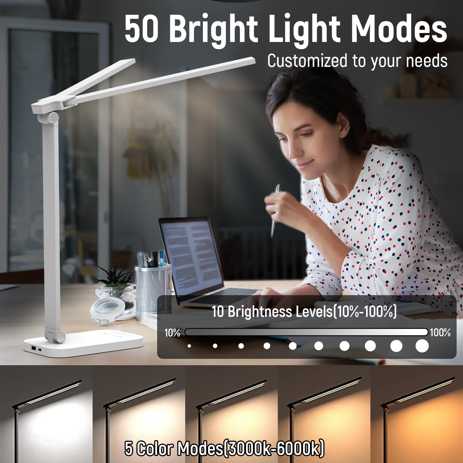 Foldable Desk Lamp for Home Office - Bright Led Desk Light for College Dorm, Dual Swing Arm Dorm Study Desk Lamp, Eye-Caring Architect Desktop Study Lamp, Dimmable Study Light Craft Task Lamp(White)