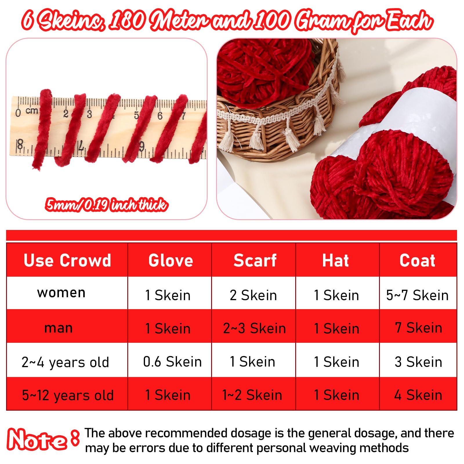 Amylove 6 Rolls Red Soft Velvet Chenille Yarn for Crocheting 1182 Yards Polyester Blanket Fuzzy Thick Yarn for DIY Knitting Bulky Weaving Crafts, 197 Yd, 3.53 oz Each Roll