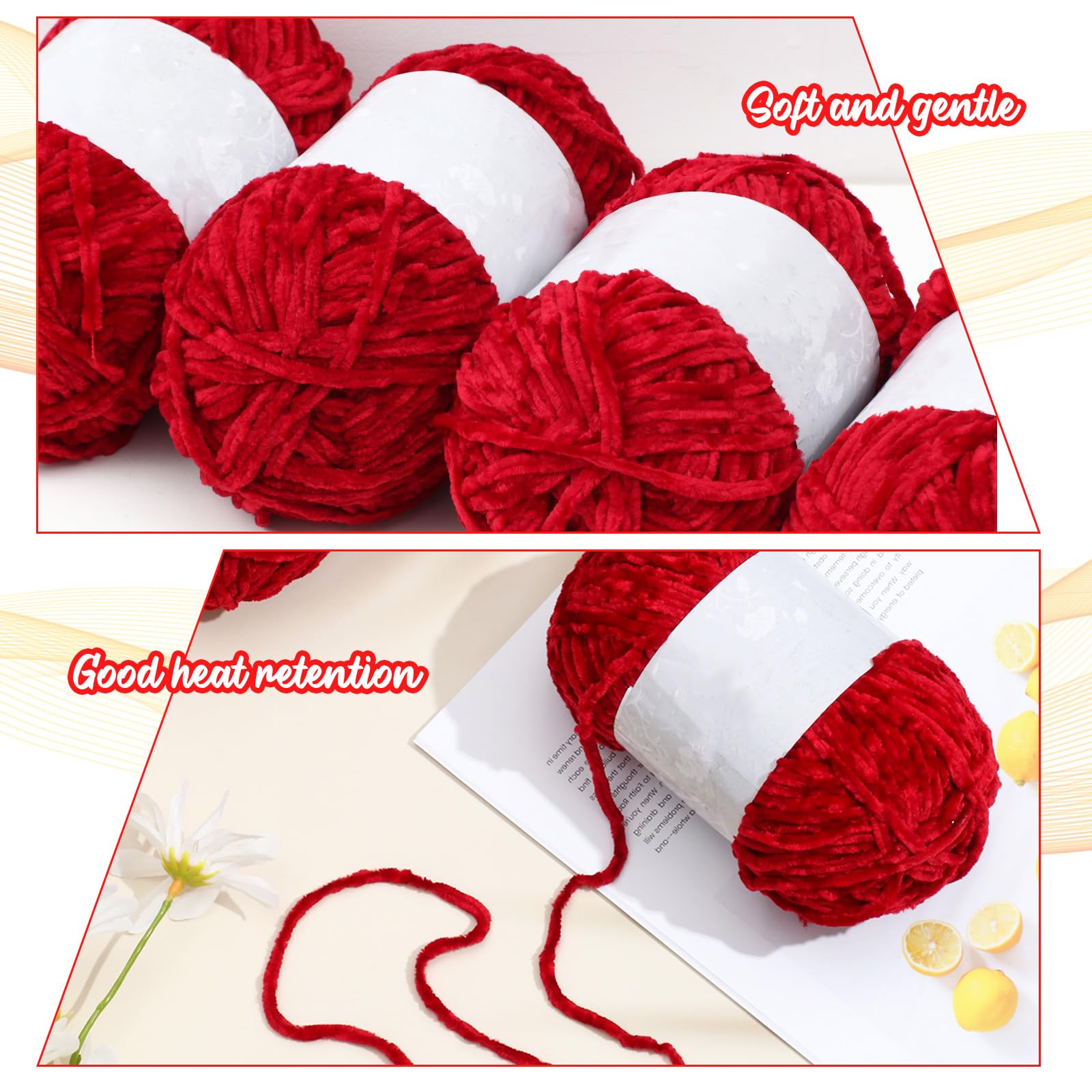 Amylove 6 Rolls Red Soft Velvet Chenille Yarn for Crocheting 1182 Yards Polyester Blanket Fuzzy Thick Yarn for DIY Knitting Bulky Weaving Crafts, 197 Yd, 3.53 oz Each Roll
