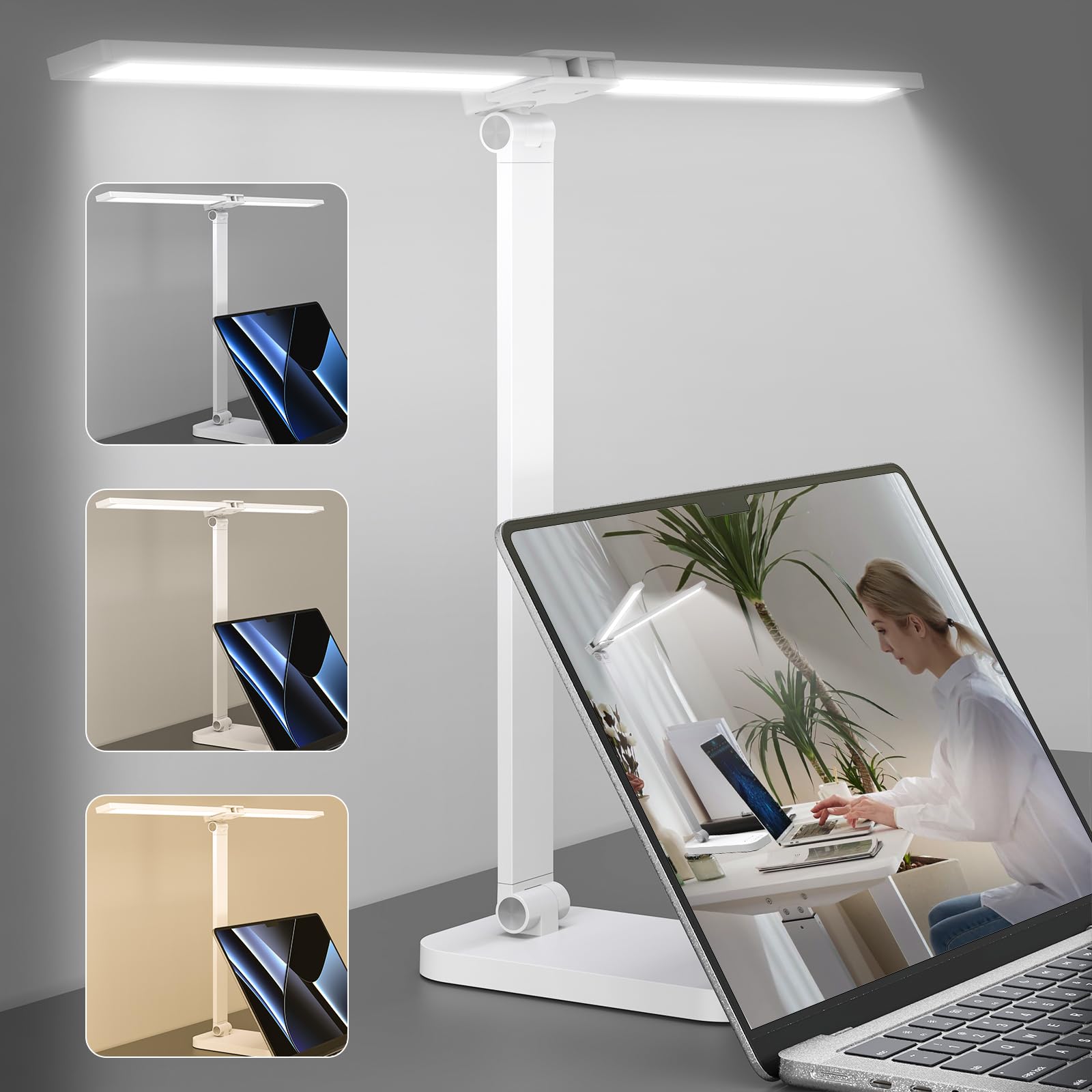 Foldable Desk Lamp for Home Office - Bright Led Desk Light for College Dorm, Dual Swing Arm Dorm Study Desk Lamp, Eye-Caring Architect Desktop Study Lamp, Dimmable Study Light Craft Task Lamp(White)