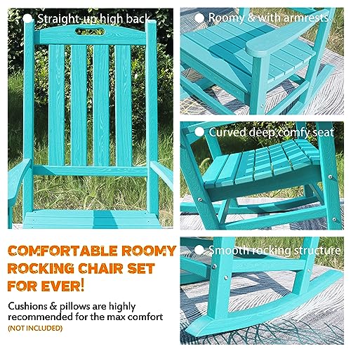 MUPATER HDPE Rocking Chairs Set of 2, High Back Smooth Rocking Chairs with 350 lbs Weight Capacity, for Backyard, Fire Pit, Lawn, Garden and Indoor, Blue