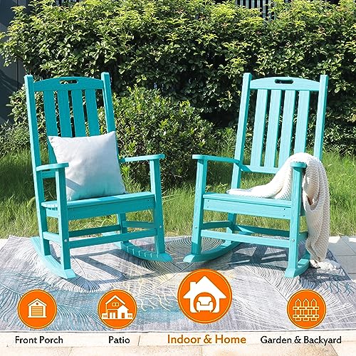 MUPATER HDPE Rocking Chairs Set of 2, High Back Smooth Rocking Chairs with 350 lbs Weight Capacity, for Backyard, Fire Pit, Lawn, Garden and Indoor, Blue