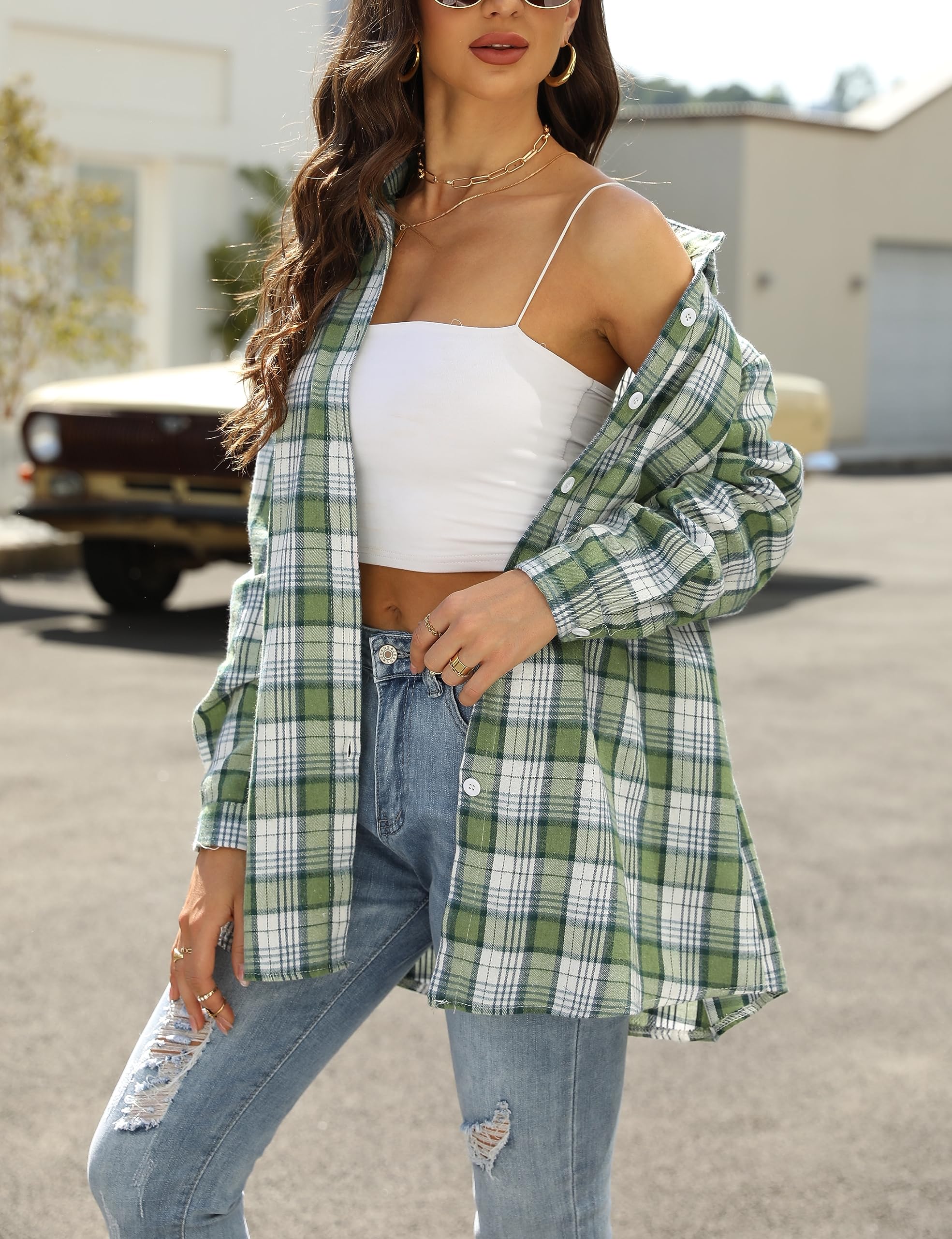 HangNiFang Flannel Plaid Shirts for Women Oversized Button Down Shirts Blouse(0768-LightGreen-L)