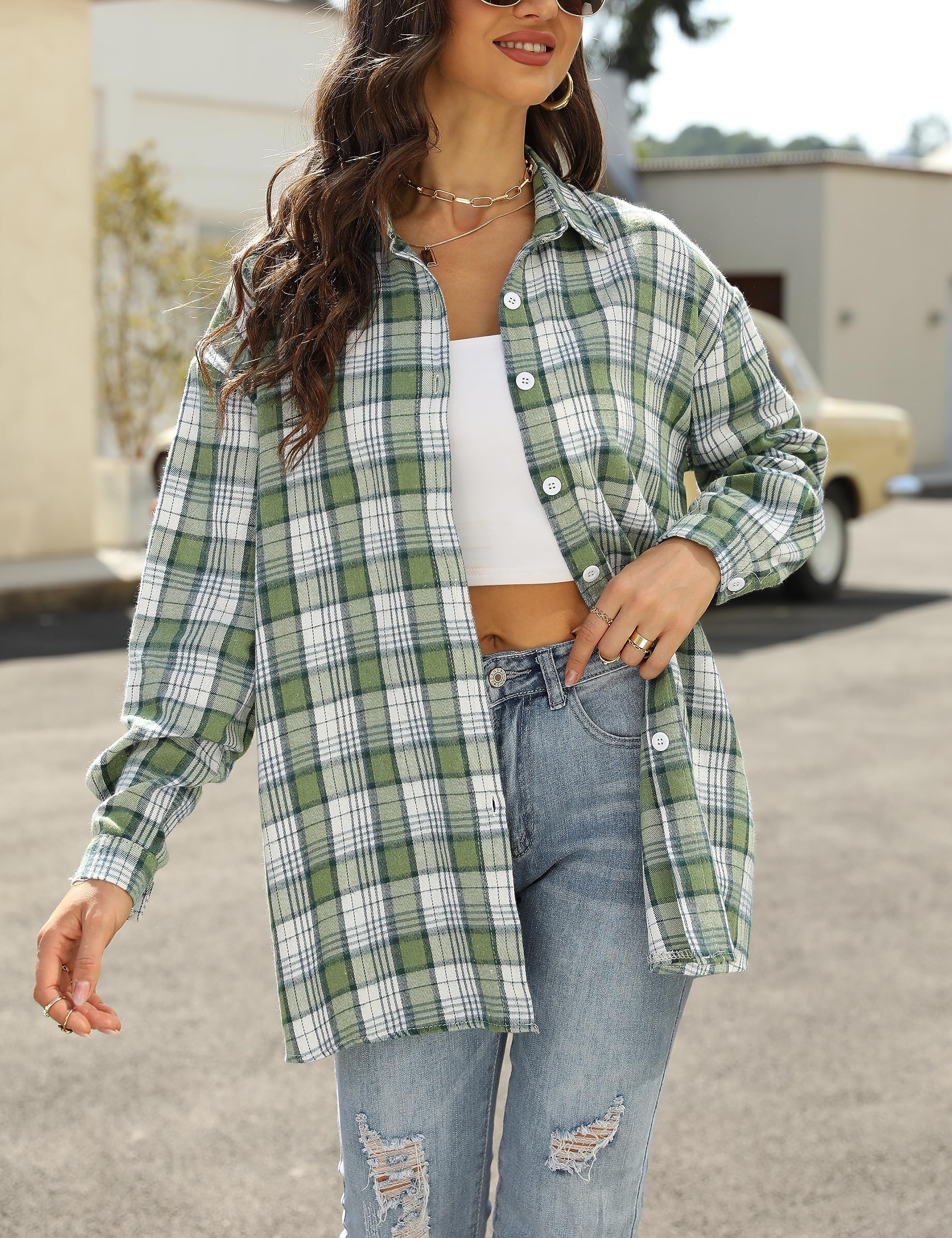 HangNiFang Flannel Plaid Shirts for Women Oversized Button Down Shirts Blouse(0768-LightGreen-L)