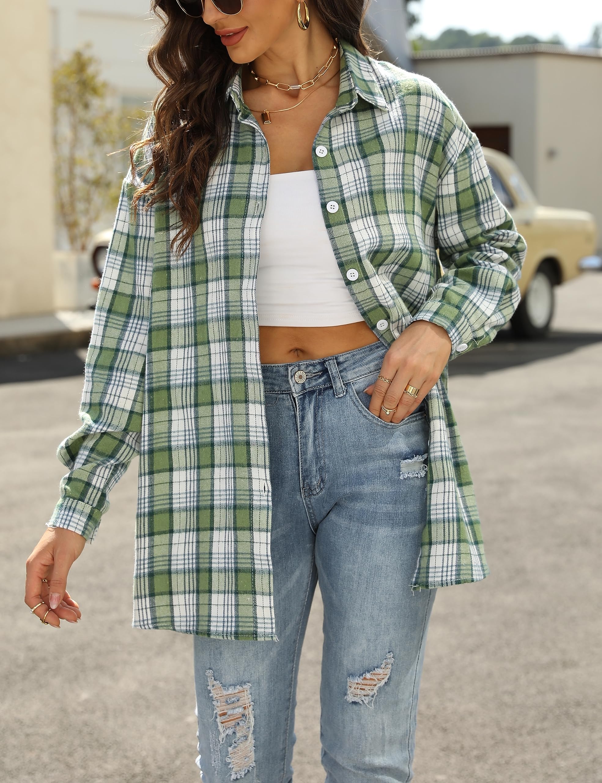 HangNiFang Flannel Plaid Shirts for Women Oversized Button Down Shirts Blouse(0768-LightGreen-L)