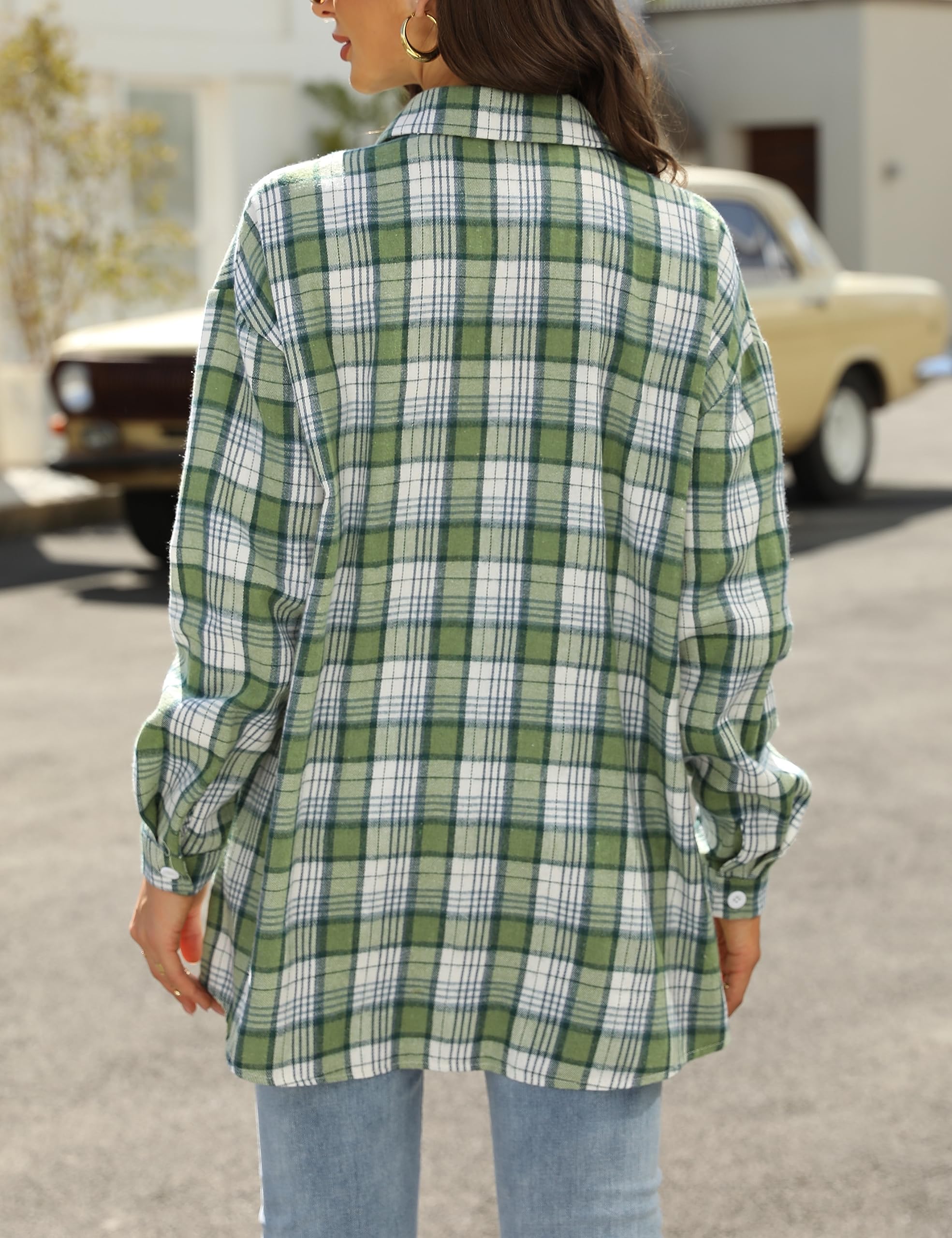 HangNiFang Flannel Plaid Shirts for Women Oversized Button Down Shirts Blouse(0768-LightGreen-L)