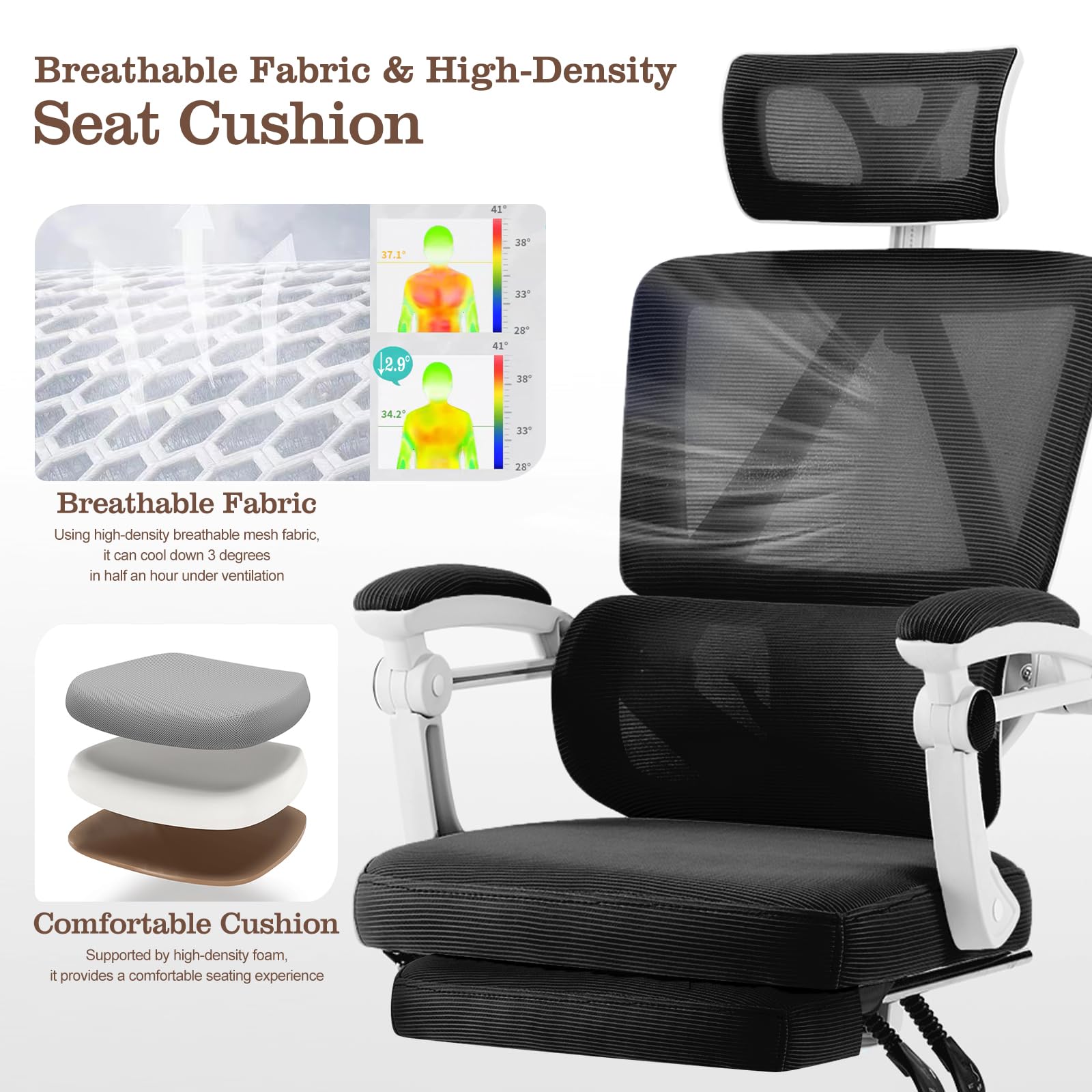 XUEGW Ergonomic Office Chair High Back Mesh Desk Chair with Lumbar Support and Adjustable Headrest Computer Gaming Chair Executive Swivel Chair for Home Office