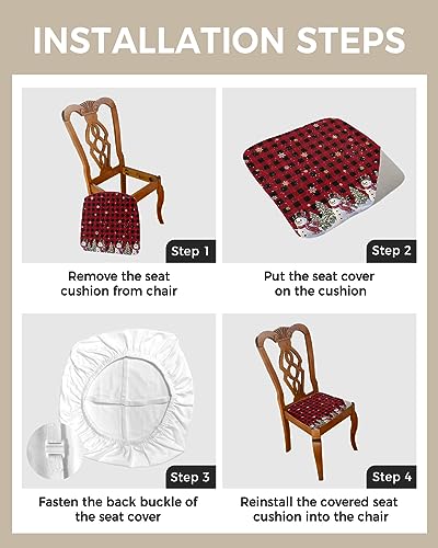 Christmas Seat Covers for Dining Room Chairs,Snowman Xmas Tree Red Black Buffalo Plaid Fitted Stretch Jacquard Chair Seat Covers,Removable Washable Kitchen Dining Chair Slipcovers Protector Set of 4