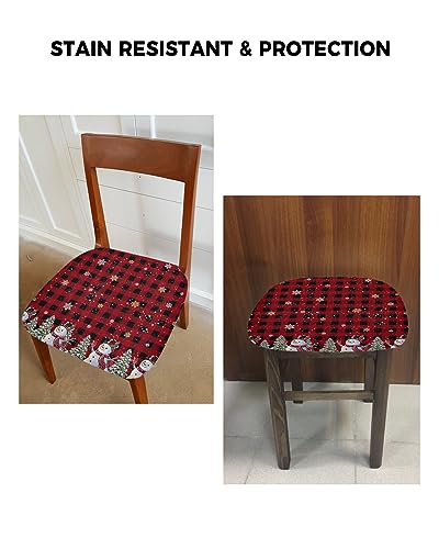 Christmas Seat Covers for Dining Room Chairs,Snowman Xmas Tree Red Black Buffalo Plaid Fitted Stretch Jacquard Chair Seat Covers,Removable Washable Kitchen Dining Chair Slipcovers Protector Set of 4