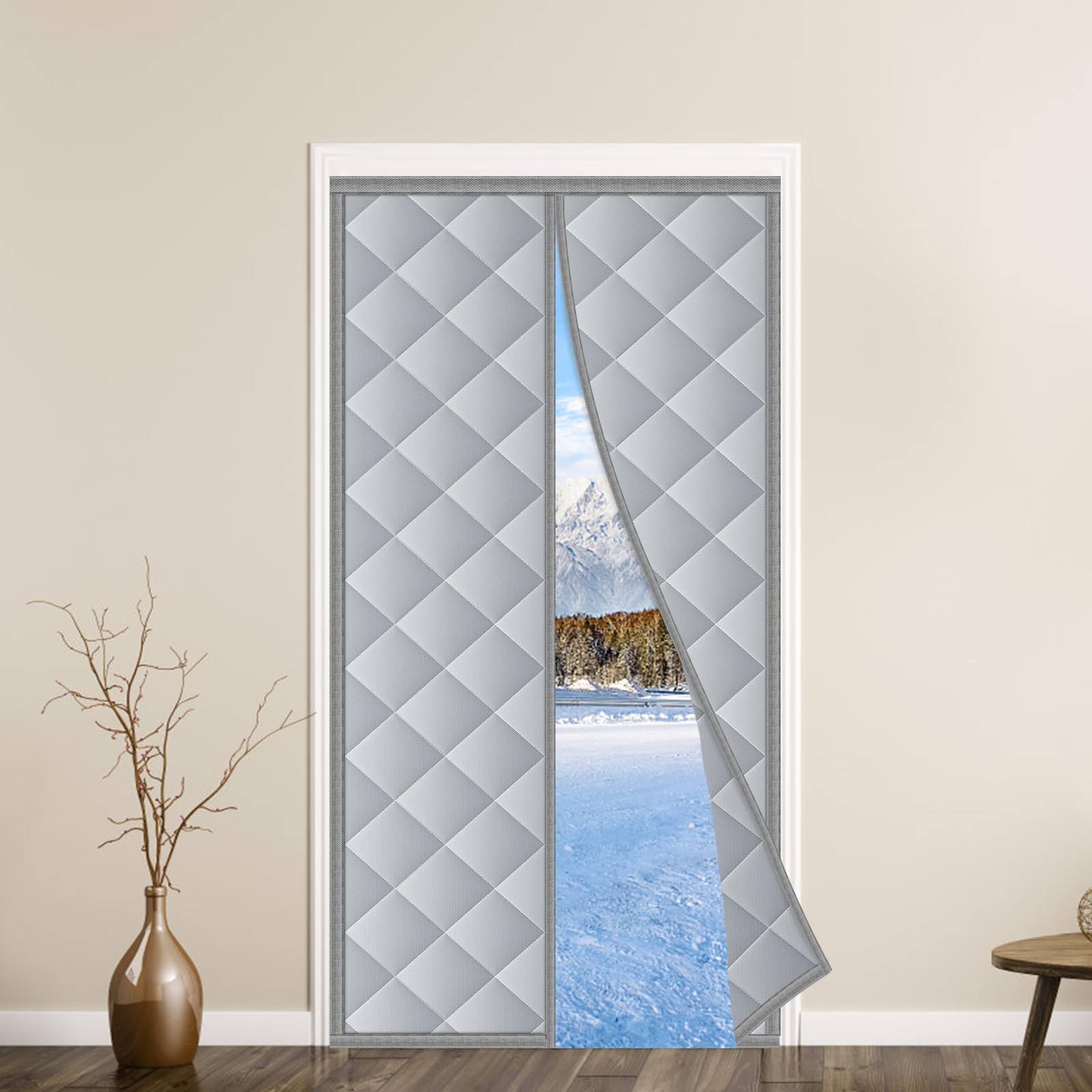 Magnetic Thermal Insulated Door Curtain Fits Door Size 36" x 80", Insulated Hands-Free Closing Door Screen for Winter Warm Cold Protection, Weatherproof, Windproof, Soundproof