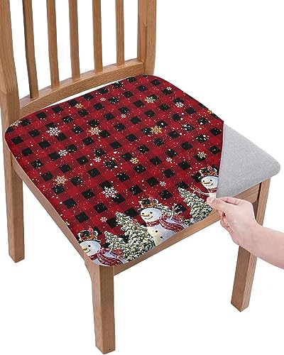 Christmas Seat Covers for Dining Room Chairs,Snowman Xmas Tree Red Black Buffalo Plaid Fitted Stretch Jacquard Chair Seat Covers,Removable Washable Kitchen Dining Chair Slipcovers Protector Set of 4