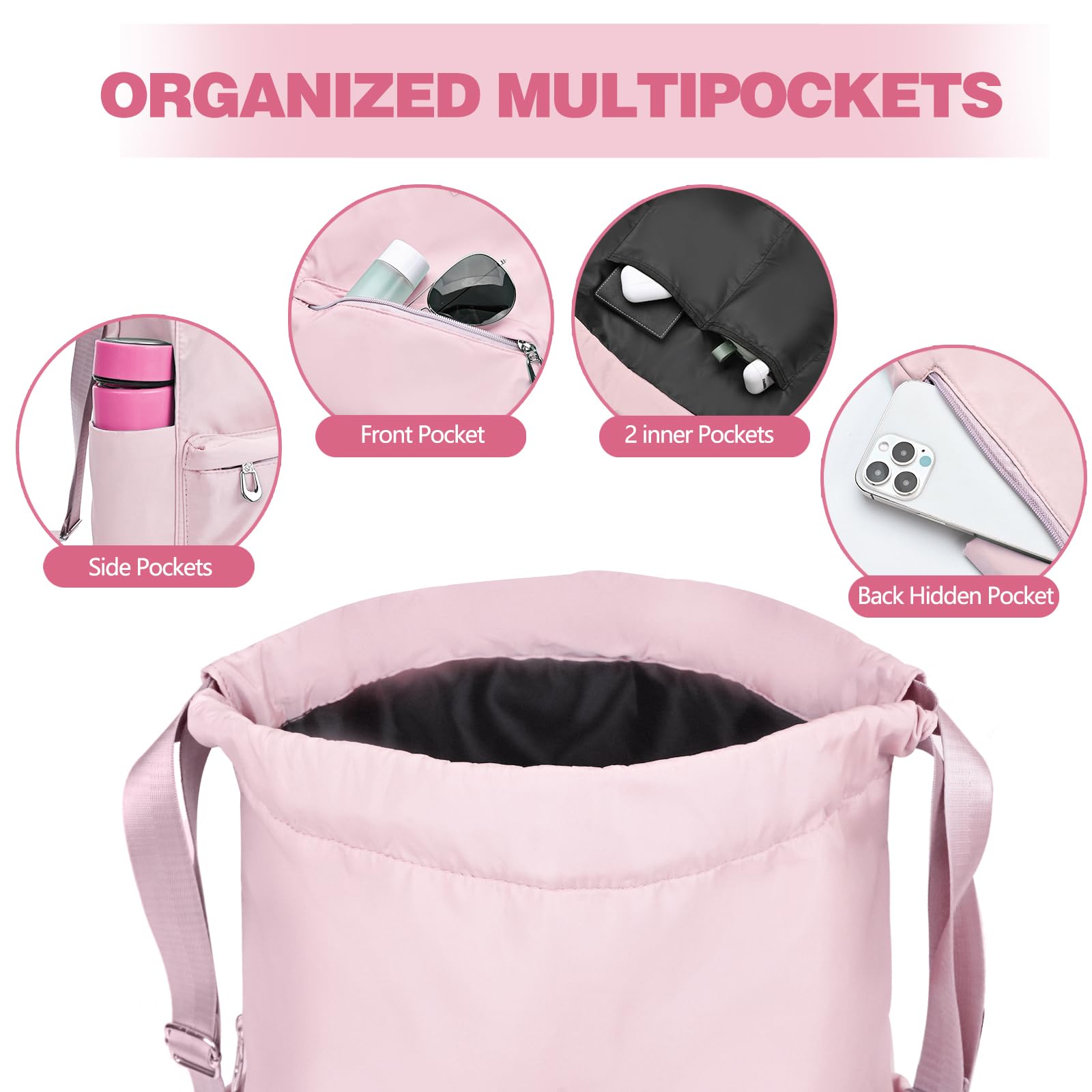 BAVELOE Drawstring Backpack with Wet Pocket Gym Backpack Water-Resistant Cinch String Bag Beach Swim for Women Men(Pink)