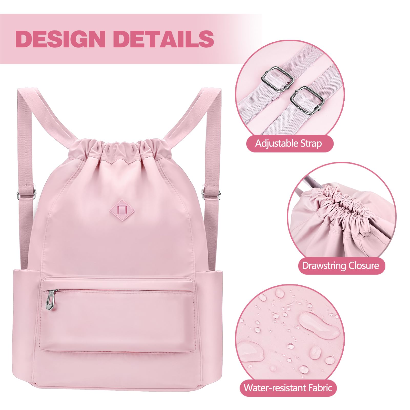 BAVELOE Drawstring Backpack with Wet Pocket Gym Backpack Water-Resistant Cinch String Bag Beach Swim for Women Men(Pink)