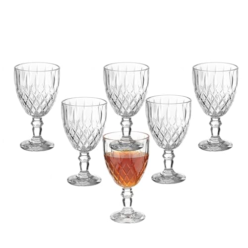 Transparent Vintage Wine Glasses Set of 6, 11 Ounces Colored Glass Water Goblets, Unique Embossed Pattern High Clear Stemmed Glassware Wedding Party Bar Glass Drinking Cups Fancy Glasses