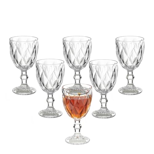 Vintage Wine Glasses Set of 6, 10 Ounce Colored Glass Water Goblets, Unique Embossed Pattern High Clear Stemmed Glassware Wedding Party Bar Glass Drinking Cups Fancy Wine Glasses Clear