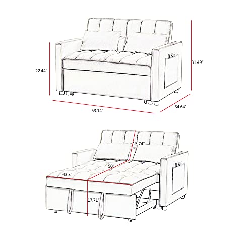 Eafurn 3 in 1 Convertible Sleeper Sofa Couch with Pull Out Bed,Small Futon Loveseat Lounge Chaise with Reclining Backrest and Armrest, Upholstered Love Seats Sofabed, Off White Velvet