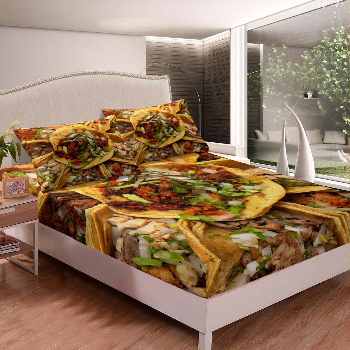 Taco Bed Sheets Set Full Size, Taco Food Sheet Set Realistic Food Sheets with Deep Pocket Fitted Sheet for Kids Boys Girls 3D Food Themed Bedding Set with 2 Pillow Case