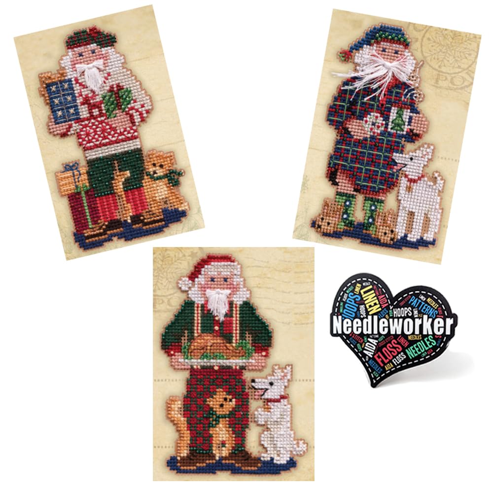 Mill Hill Christmas Day Santa Set (2021)! Set of 3 Beaded Cross Stitch Kits Including Christmas Morning, Giving and Memories Santas, Plus Decorative 'Needleworker' Sticker