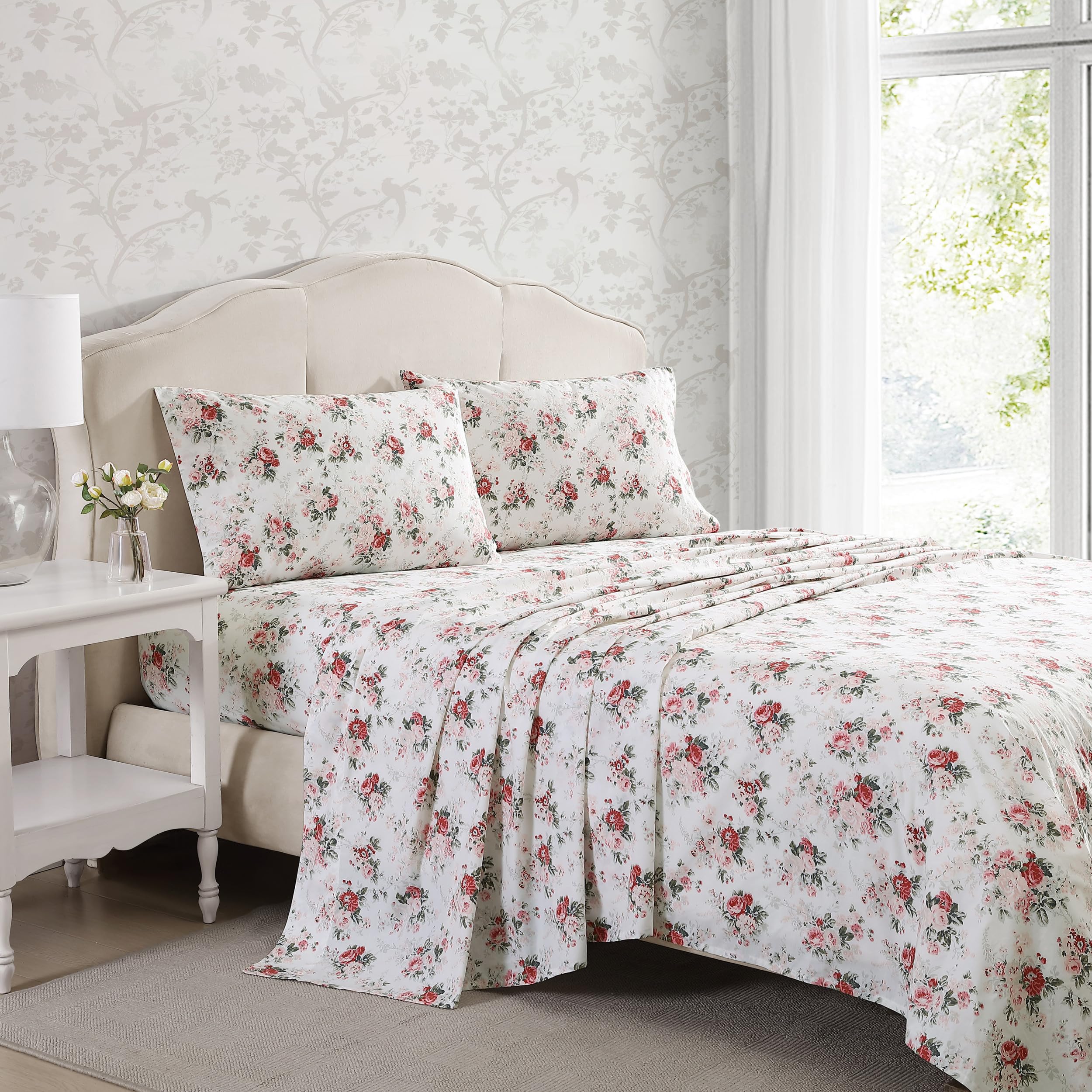 Laura Ashley - Full Sheets, Cotton Percale Bedding Set, Lightweight & Breathable Home Decor (Ashfield Pink, Full)