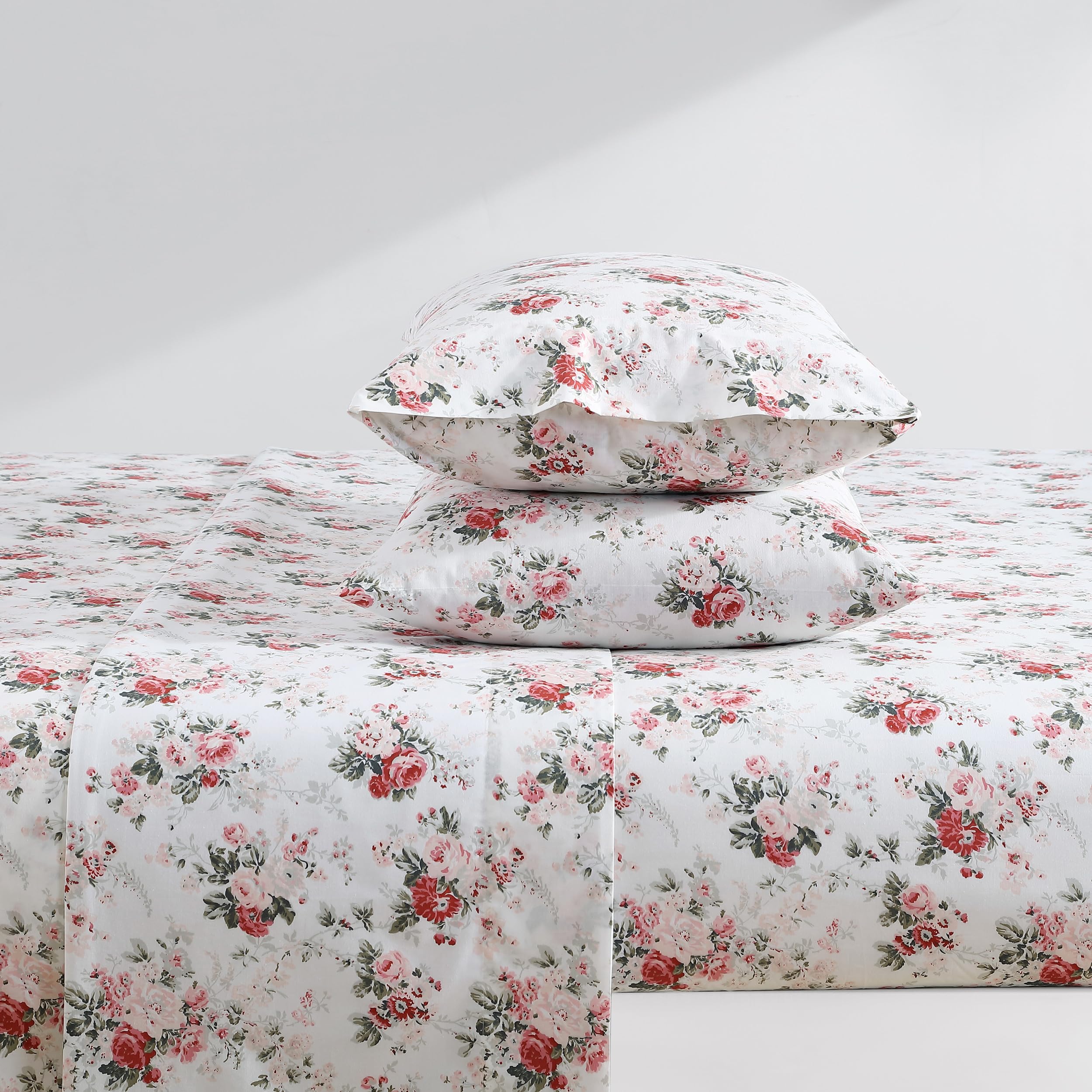 Laura Ashley - Full Sheets, Cotton Percale Bedding Set, Lightweight & Breathable Home Decor (Ashfield Pink, Full)