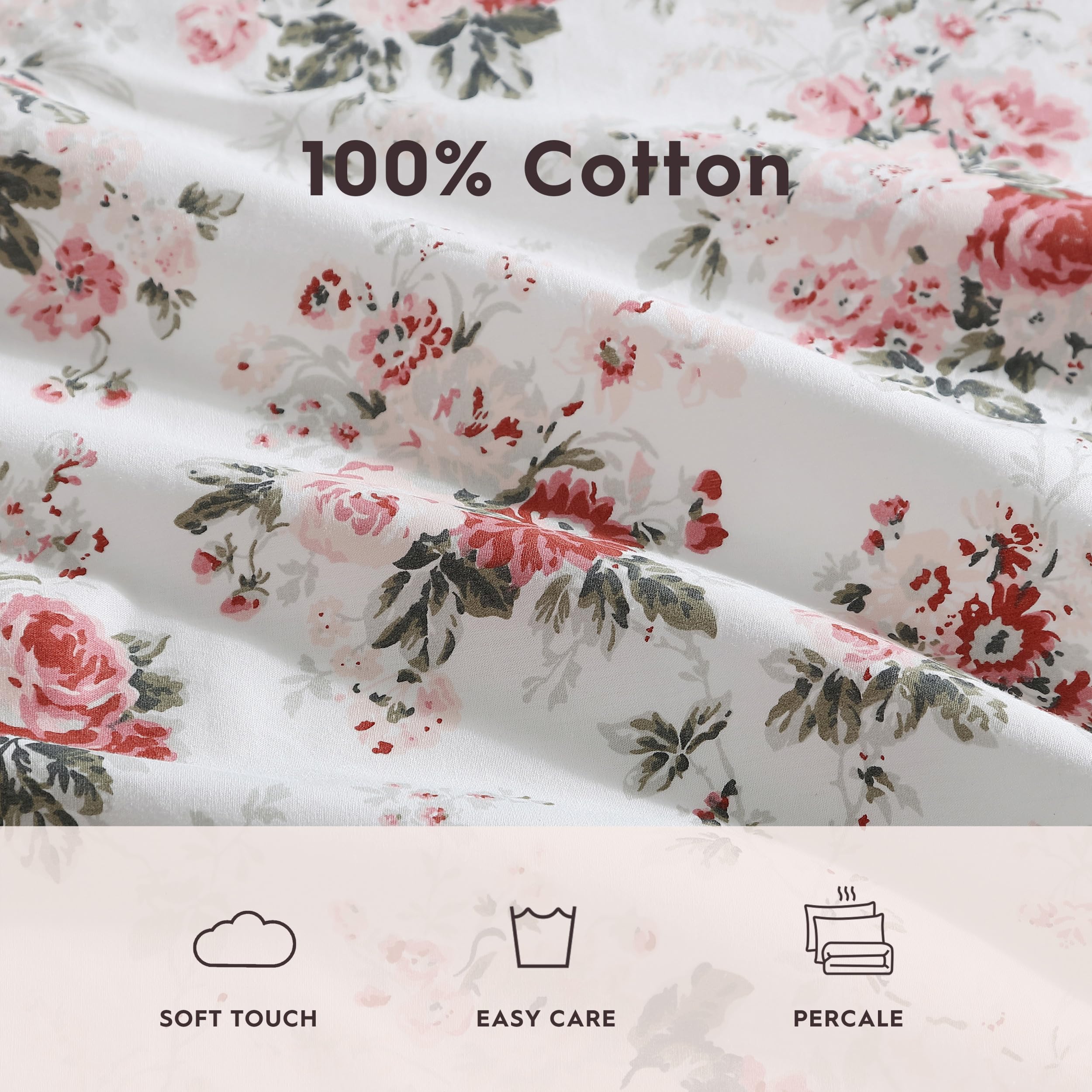 Laura Ashley - Full Sheets, Cotton Percale Bedding Set, Lightweight & Breathable Home Decor (Ashfield Pink, Full)