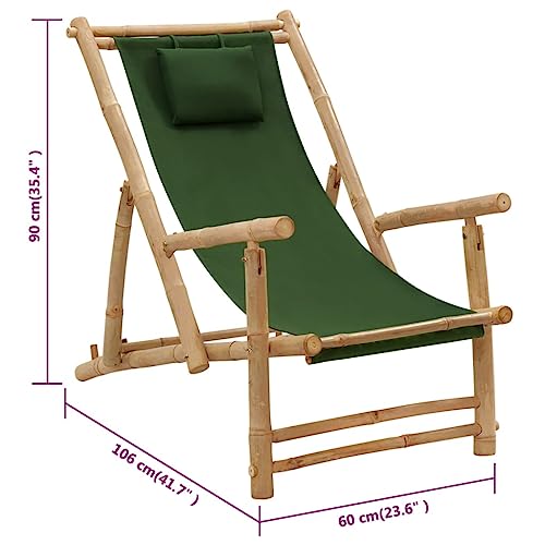 GOLINPEILO Foldable Deck Chair Bamboo and Canvas Green for Relaxing, Foldable Patio Deck Chair with Adjustable Height for Yard, Patio, Backyard, Deck -AA