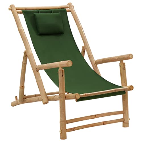 GOLINPEILO Foldable Deck Chair Bamboo and Canvas Green for Relaxing, Foldable Patio Deck Chair with Adjustable Height for Yard, Patio, Backyard, Deck -AA