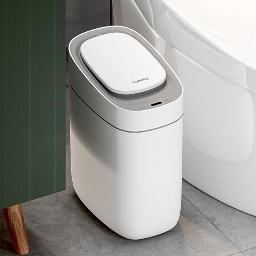 Coeusy Bathroom Trash Can,Motion Sensor Trash Can Automatic Touchless,Smart Bathroom Garbage Can with a Lid,Auto-Adsorption Slim Small Waste Basket for Bedroom,Office,3 Gallon White