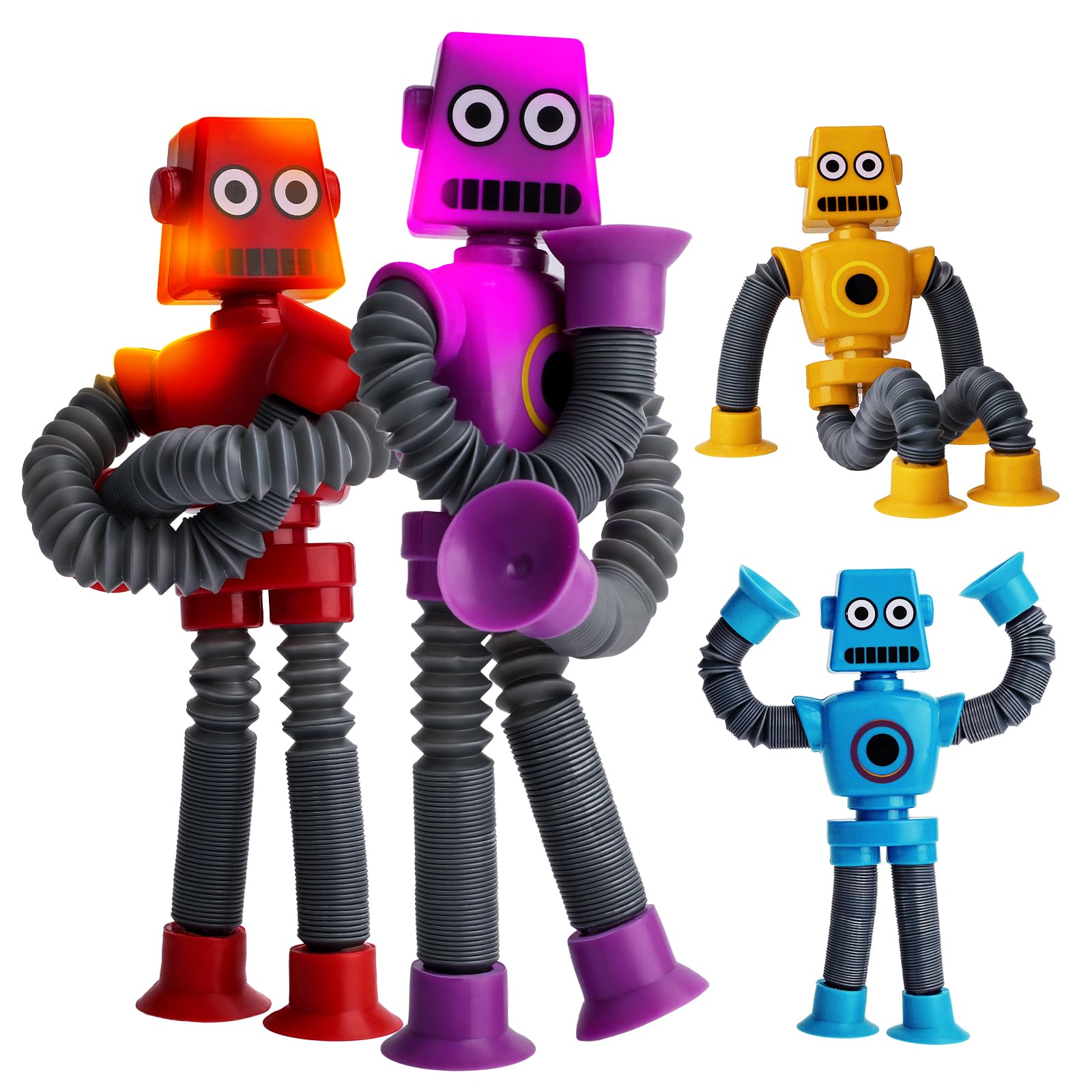 ASKIZ 4-Pack Pop Tubes Sensory Toys, Glowing Robot Fidget Tubes Sensory Toys Pack, Suction Cup Robot Toy,Travel Toys Sensory Toys For Autistic Children Toddlers Kids Boys Girls Gifts 3-5,5-7