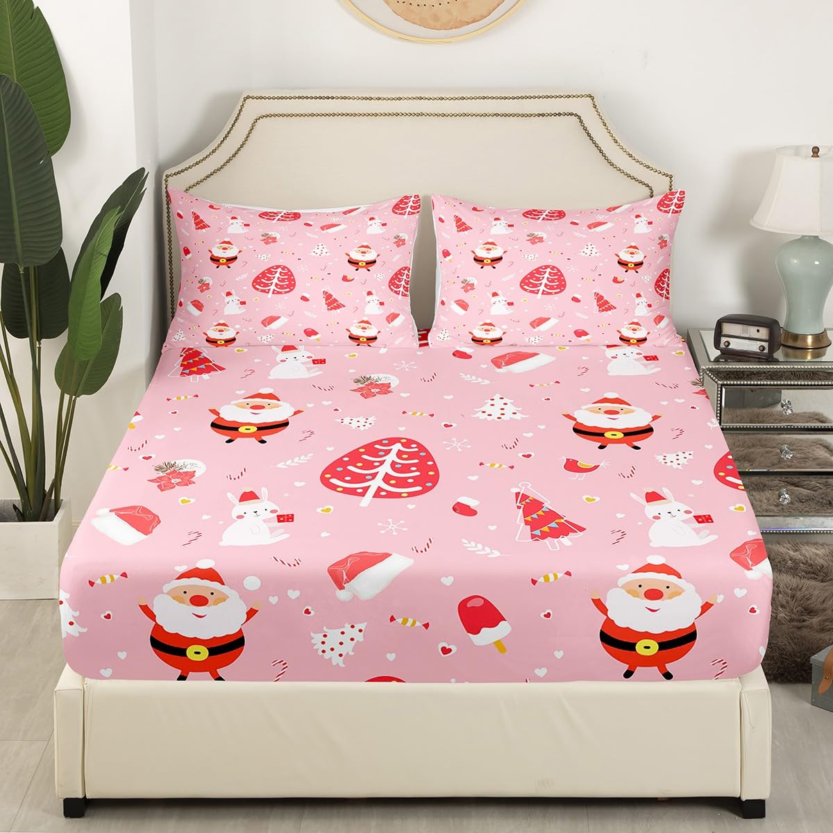 Feelyou Santa Claus Sheet Set Cute Rabbit Kawaii Pink Bed Set for Kids Boys Girls Decor Merry Christmas Bed Sheets Girly Pink Sheets Bedroom Collection 3Pcs Twin Size