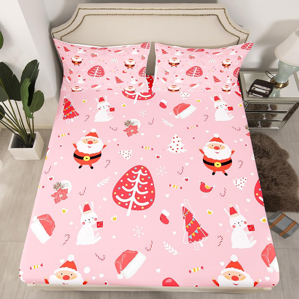 Santa Claus Sheet Set Cute Rabbit Kawaii Pink Bed Set for Kids Boys Girls Decor Merry Christmas Bed Sheets Girly Pink Sheets Bedroom Collection 4Pcs Full Size