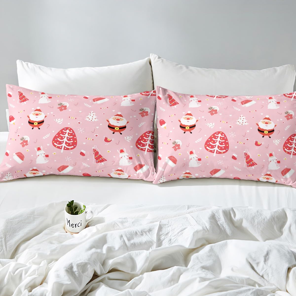Feelyou Santa Claus Sheet Set Cute Rabbit Kawaii Pink Bed Set for Kids Boys Girls Decor Merry Christmas Bed Sheets Girly Pink Sheets Bedroom Collection 3Pcs Twin Size