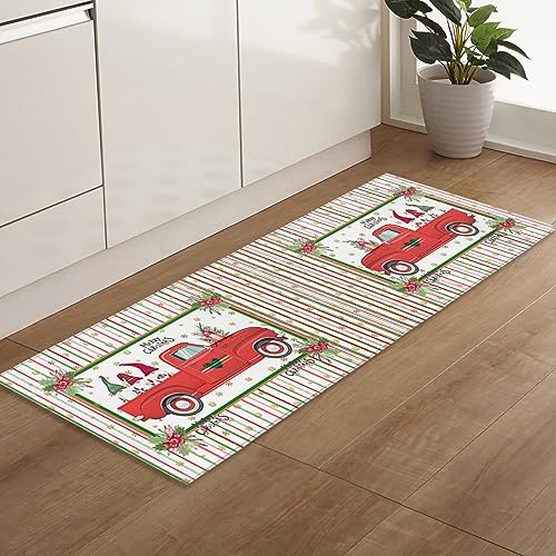 Christmas 2 Pieces Kitchen Rugs and Mats Set, Merry Christmas Red Truck with Gnome Green Stripes Kitchen Mats Cushioned Floormat Non Slip Runner Rug Set for Kitchen Laundry Entryway, 20"x24"+20"x48"