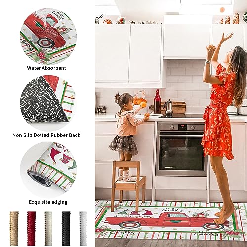 Christmas 2 Pieces Kitchen Rugs and Mats Set, Merry Christmas Red Truck with Gnome Green Stripes Kitchen Mats Cushioned Floormat Non Slip Runner Rug Set for Kitchen Laundry Entryway, 20"x24"+20"x48"