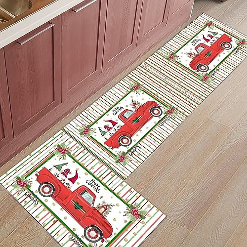 Christmas 2 Pieces Kitchen Rugs and Mats Set, Merry Christmas Red Truck with Gnome Green Stripes Kitchen Mats Cushioned Floormat Non Slip Runner Rug Set for Kitchen Laundry Entryway, 20"x24"+20"x48"