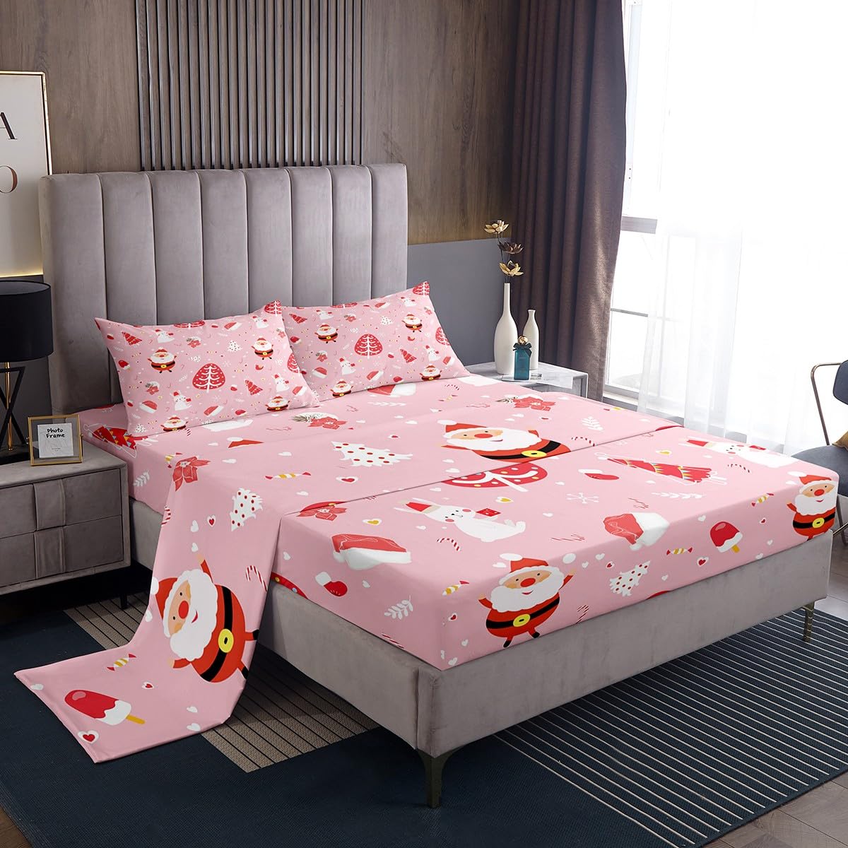 Feelyou Santa Claus Sheet Set Cute Rabbit Kawaii Pink Bed Set for Kids Boys Girls Decor Merry Christmas Bed Sheets Girly Pink Sheets Bedroom Collection 3Pcs Twin Size