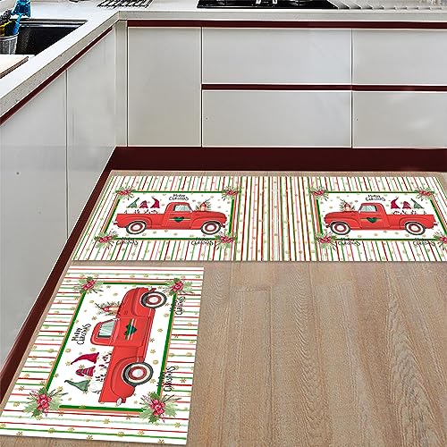 Christmas 2 Pieces Kitchen Rugs and Mats Set, Merry Christmas Red Truck with Gnome Green Stripes Kitchen Mats Cushioned Floormat Non Slip Runner Rug Set for Kitchen Laundry Entryway, 18"x30"+18"x60"