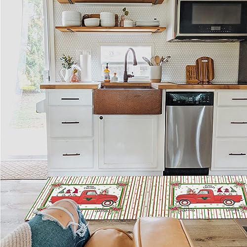 Christmas 2 Pieces Kitchen Rugs and Mats Set, Merry Christmas Red Truck with Gnome Green Stripes Kitchen Mats Cushioned Floormat Non Slip Runner Rug Set for Kitchen Laundry Entryway, 18"x30"+18"x60"