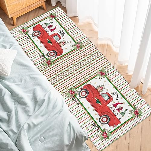 Christmas 2 Pieces Kitchen Rugs and Mats Set, Christmas Red Truck with Gnome Green Stripes Kitchen Mats Cushioned Floormat Non Slip Runner Rug Set for Kitchen Laundry Entryway, 19.7"x31.5"+19.7"x47.2"