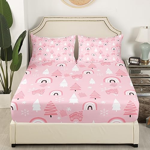 Christmas Tree Sheet Set Merry Christmas Bed Set for Kids Boys Girls Pink Decor Kawaii Rainbow Bed Sheets Cute Sweet Sheets Room 4Pcs Full Size