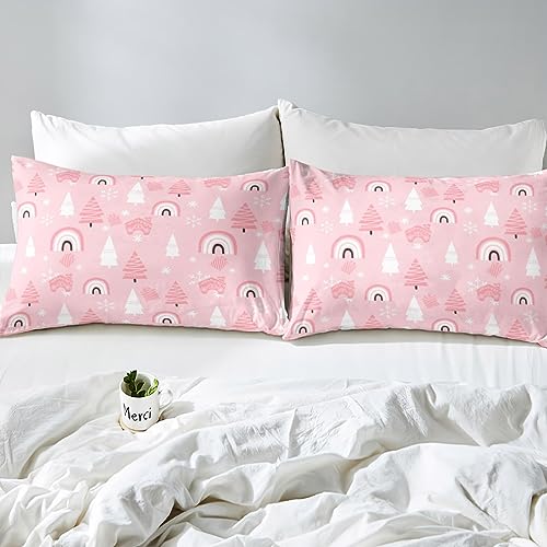 Christmas Tree Sheet Set Merry Christmas Bed Set for Kids Boys Girls Pink Decor Kawaii Rainbow Bed Sheets Cute Sweet Sheets Room 4Pcs Full Size