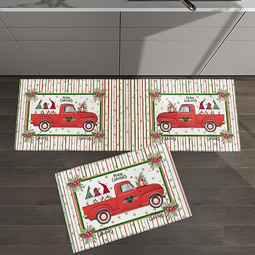 Christmas 2 Pieces Kitchen Rugs and Mats Set, Christmas Red Truck with Gnome Green Stripes Kitchen Mats Cushioned Floormat Non Slip Runner Rug Set for Kitchen Laundry Entryway, 15.7"x23.6"+15.7"x47.2"