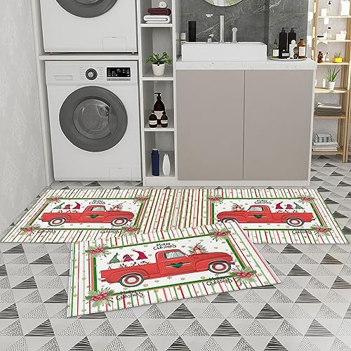 Christmas 2 Pieces Kitchen Rugs and Mats Set, Christmas Red Truck with Gnome Green Stripes Kitchen Mats Cushioned Floormat Non Slip Runner Rug Set for Kitchen Laundry Entryway, 15.7"x23.6"+15.7"x47.2"