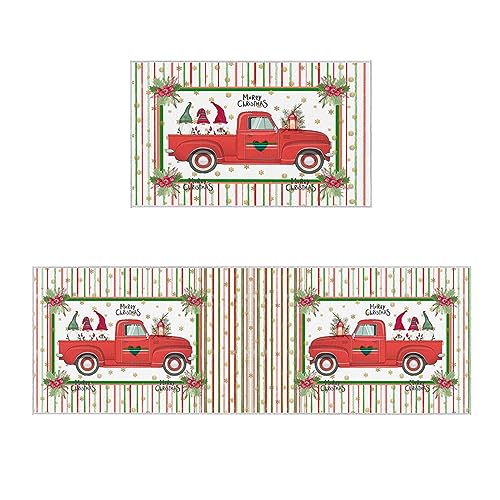 Christmas 2 Pieces Kitchen Rugs and Mats Set, Christmas Red Truck with Gnome Green Stripes Kitchen Mats Cushioned Floormat Non Slip Runner Rug Set for Kitchen Laundry Entryway, 15.7"x23.6"+15.7"x47.2"