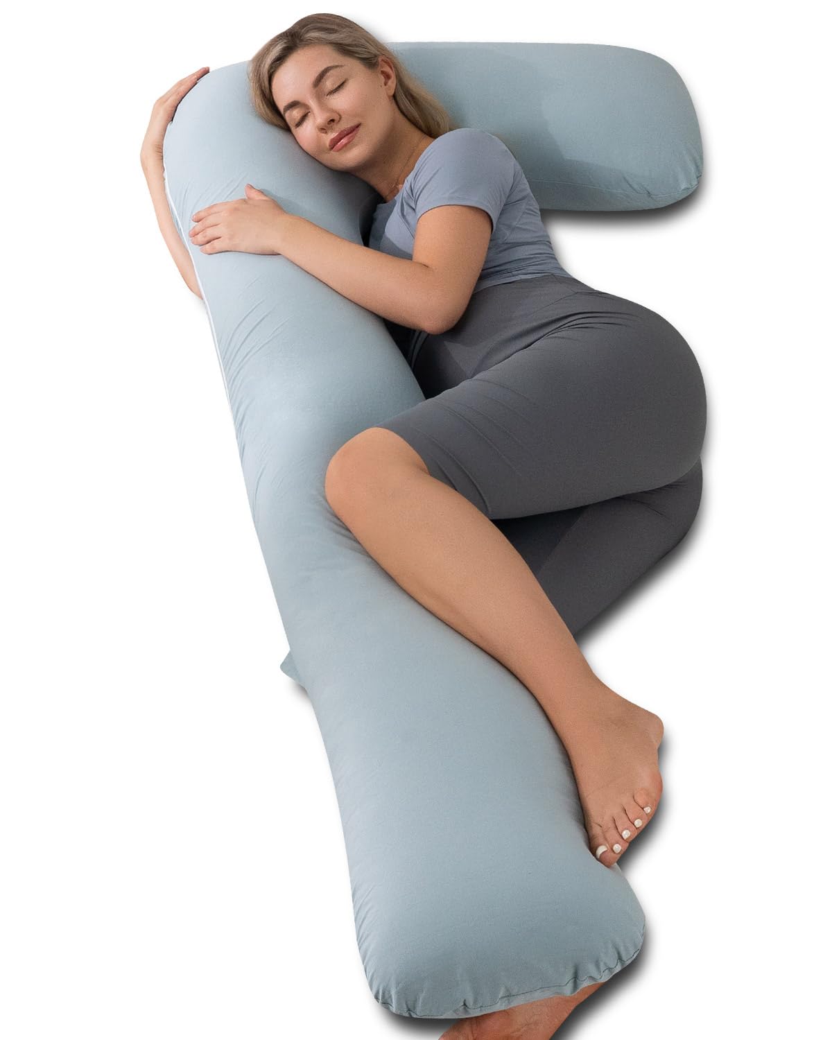 AngQi Body Pregnancy Pillow,L-Shaped Pregnancy Pillow for Side Sleepers,Maternity Body Pillow with Jersey Cotton Cover, Light Green