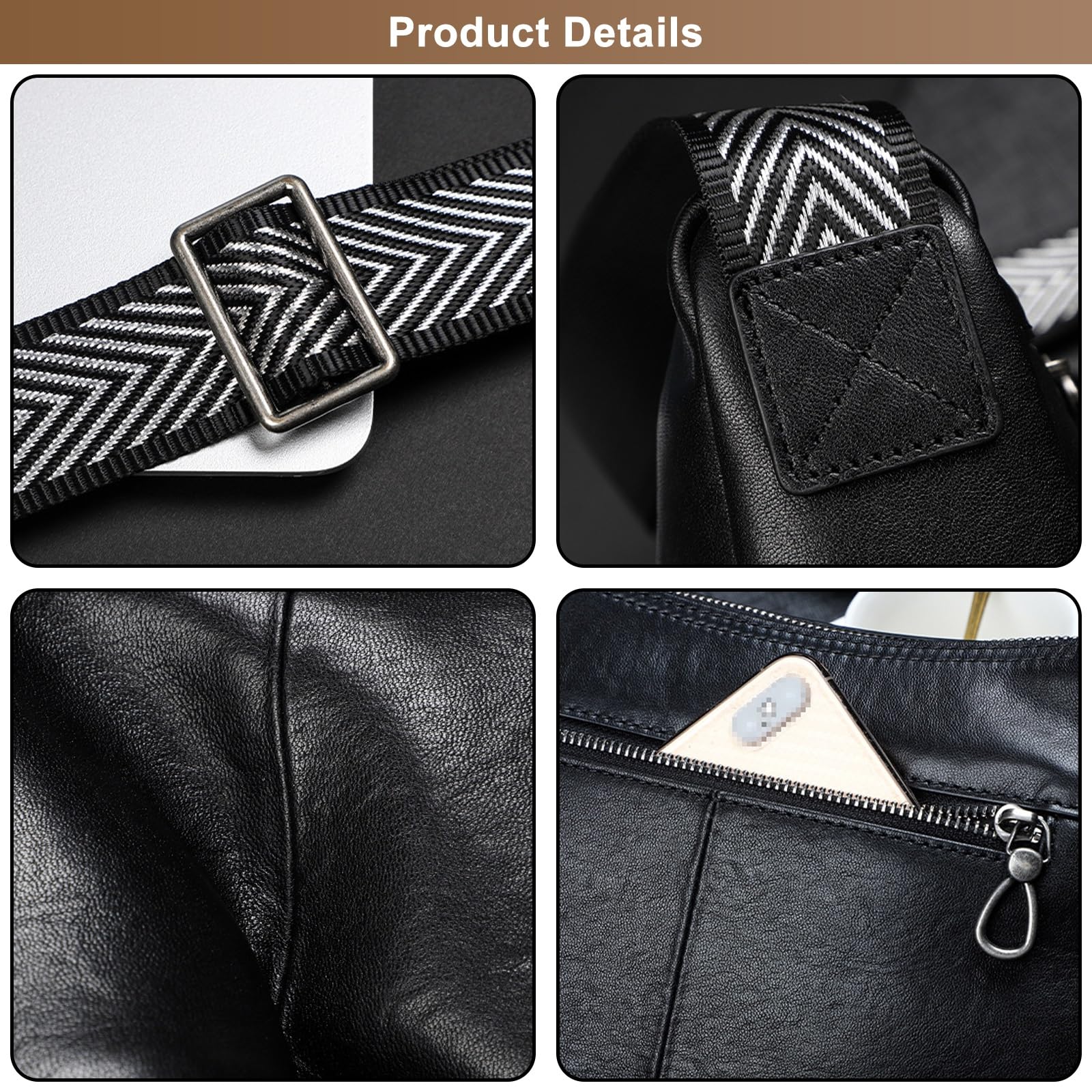 Men's Genuine Leather Satchel Bag Business Work Crossbody Bags Casual Small Shoulder Bag with Adjustable Straps (Black)